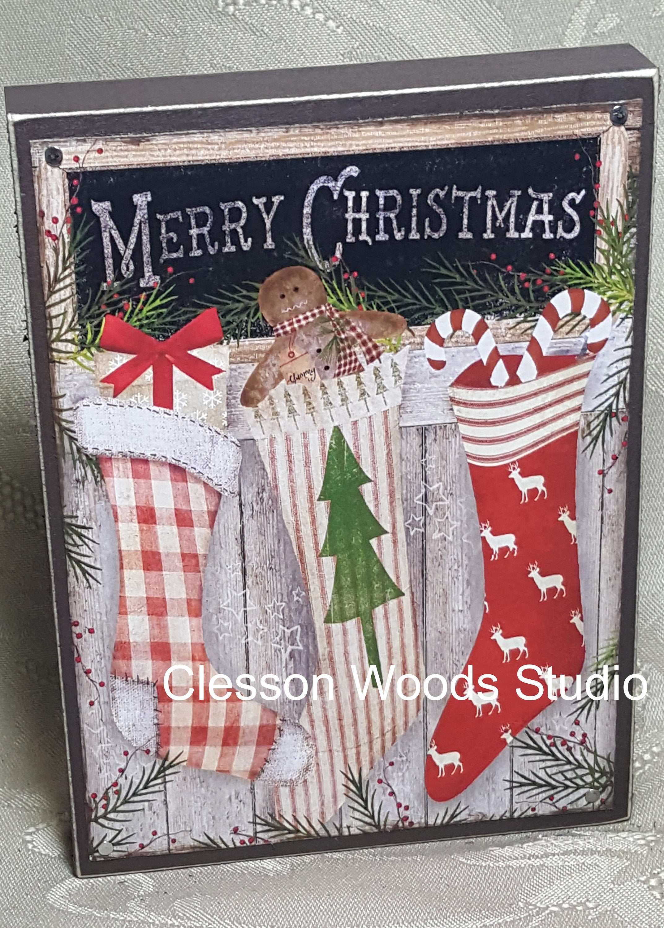 Merry Christmas Vintage Stockings Small Wood Block – Clesson Woods Studio